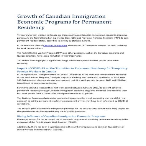 Growth of Canadian Immigration Economic Programs for Permanent ...