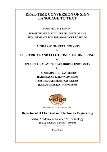 Real time conversion of sign language to text and speech presentation | PDF