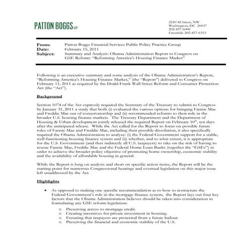 Summary and Analysis: Obama Administration Report to Congress on GSE ...