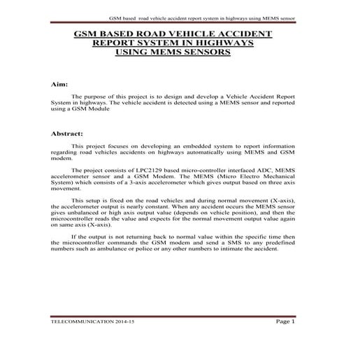 Gsm based road vehicle accident report system using mems sensor | PDF