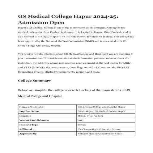 GS Medical College Hapur 2024-25 Admission Open.pdf | Healthcare ...