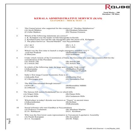 Kerala Administrative Service Kas Gs Paper 1 Mock Test Questions Pdf