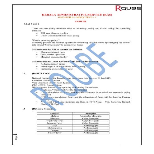 Kerala Administrative Service (KAS) GS Paper 2 Mock Test Answers | PDF