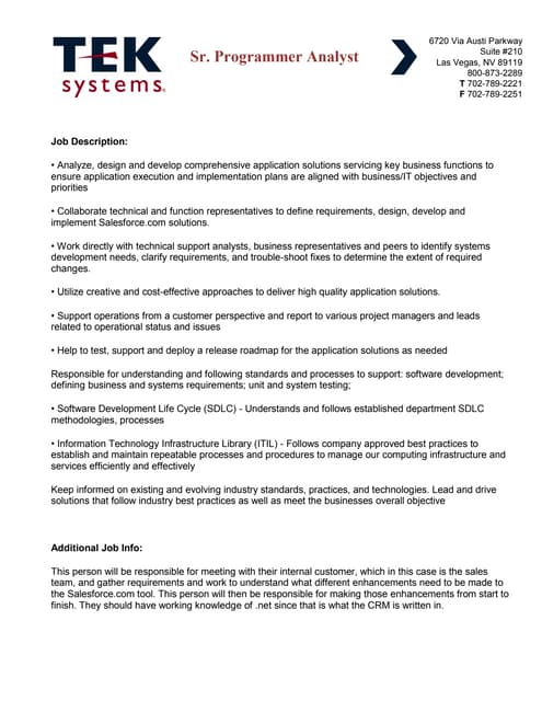 Sr Programmer Analyst Pdf