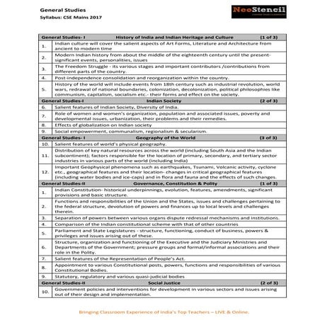 Mains Syllabus of General Studies, Detailed UPSC Syllabus of General ...