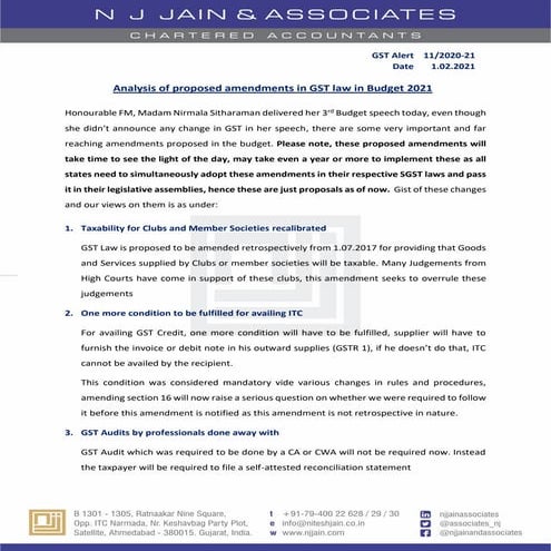 Analysis of Proposed Amendments in GST Law in Budget 2021 | PDF