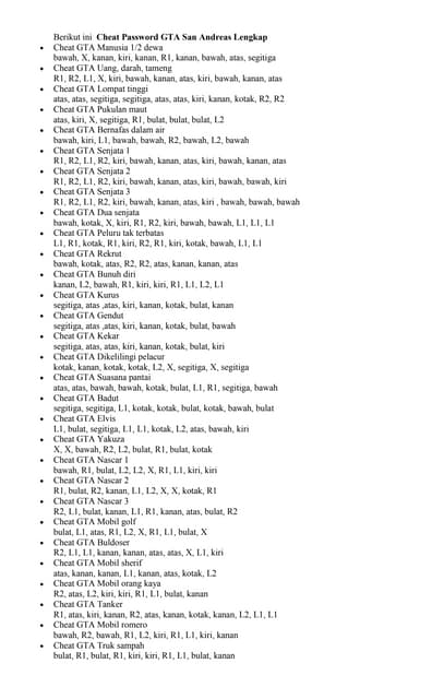 Gta password | TXT | Racing Video Games | Video Game Genres