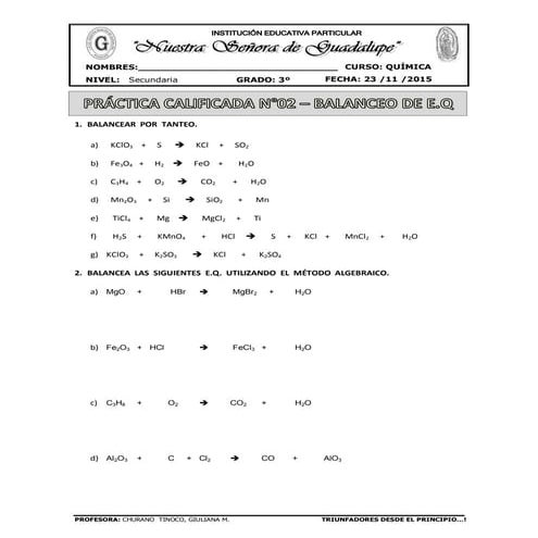 Guía balanceo de ecuaciones químicas | PDF