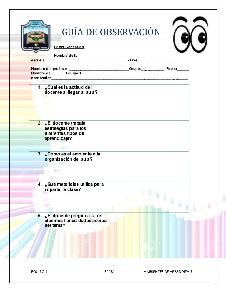 Gua Para La Observacin De Un Profesor En Clase Ficha De Observacion