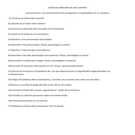 Hoja De Trabajo De Análisis De Cuentos Cortos