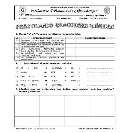 Hoja De Trabajo Sobre Reacciones Y Ecuaciones Químicas
