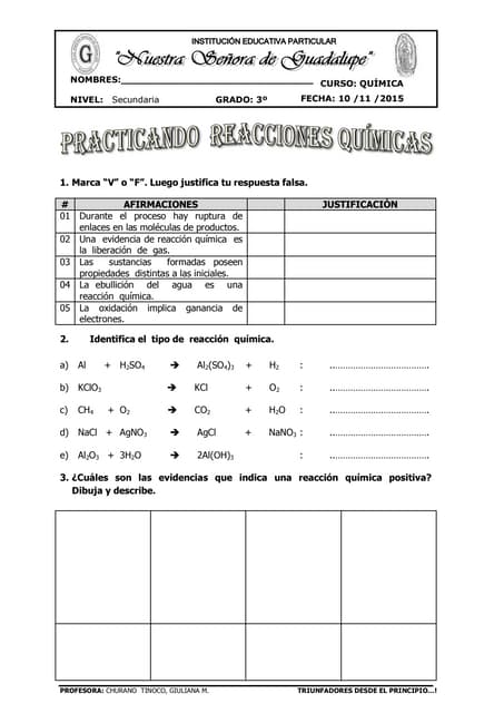Hoja De Trabajo Con Descripción General De Reacciones Químicas Sofia