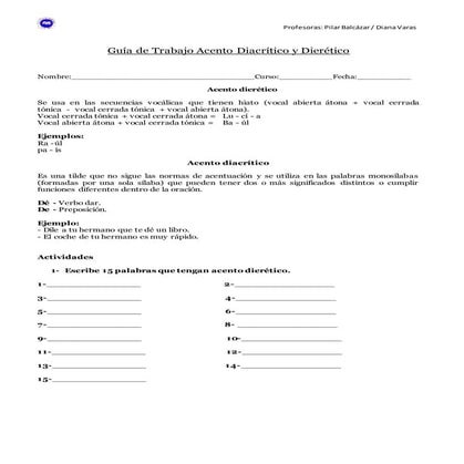 Guía de trabajo acento diacrítico y dierético | DOCX