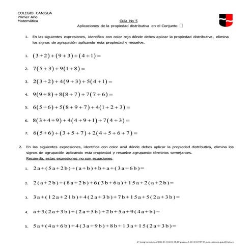 Hoja De Trabajo De Propiedad Distributiva Con Respuestas Propiedad
