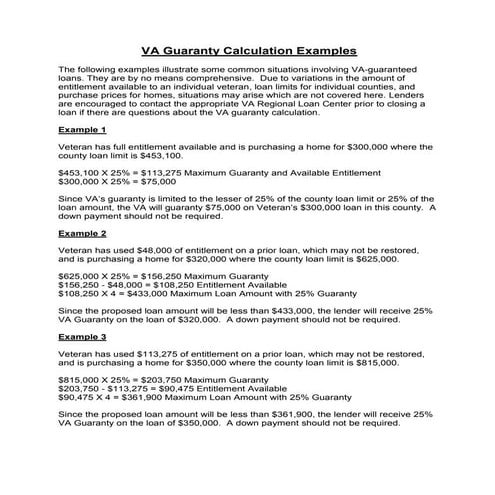 Want 2 VA loans at same time? Guaranty calculation Examples VA rtgage | PDF