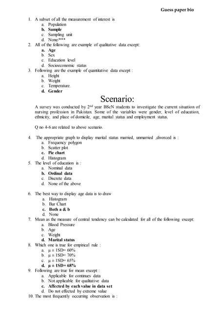Biostatistics multiple choice questions(1) | PDF | Physics | Science