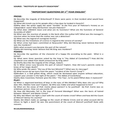 Guess paper of 1st year english | DOCX | Poetry | Books and Literature