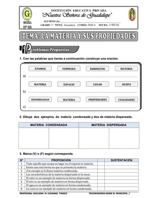 Hoja De Trabajo Sobre Las Propiedades De La Materia, Quinto Grado
