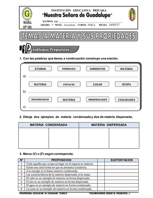 Hoja De Trabajo Sobre Las Propiedades De La Materia En La Escuela ...