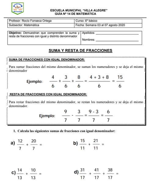 Examen de suma y resta de fracciones homogeneas y heterogeneas | PDF