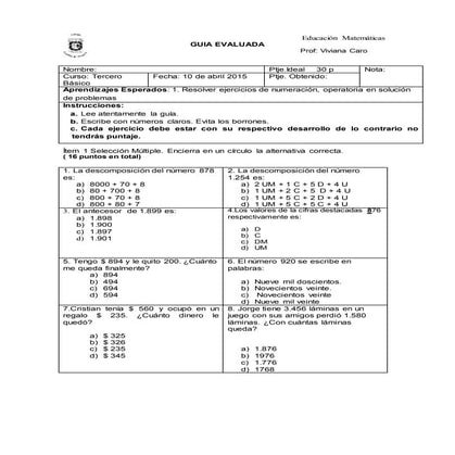 Guia evaluada tercero matematica abril | DOCX | Educational Assessment | Education