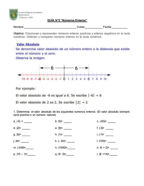 Taller 3 - Números opuesto, valor absoluto y Orden en los números enteros. | PDF