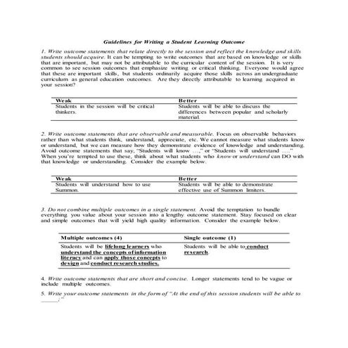 Guidelines for writing a student learning outcome | PDF