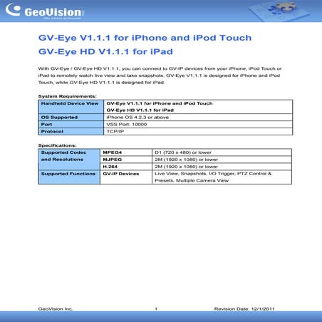 GV-Eye V1.1.1 for iPhone and iPod Touch GV-Eye HD V1.1.1 for iPad | PDF