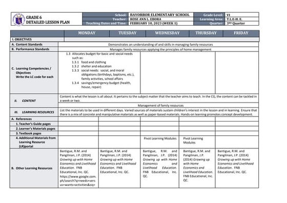 Lesson Plan TLE 6 Home Economics | DOCX