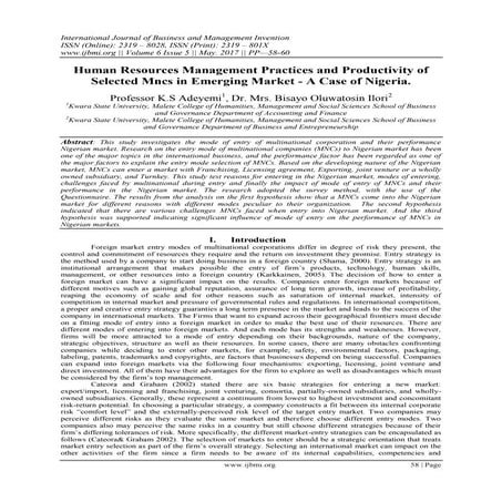 Human Resources Management Practices and Productivity of Selected Mncs in Emerging Market - A ...