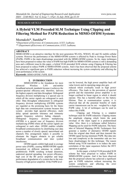A Hybrid Vlm Preceded Slm Technique Using Clipping And Filtering Method For Papr Reduction In