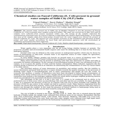 Chemical studies on Faecal Coliforms (E. Coli) present in ground water samples of Sidhi City (M ...