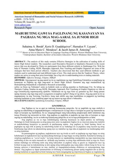 MGA SALIK NA NAKAAAPEKTO SA ANTAS NG PAGUNAWA SA PAGBASA NG MGA MAG-AARAL SA JUNIOR HIGH SCHOOL ...