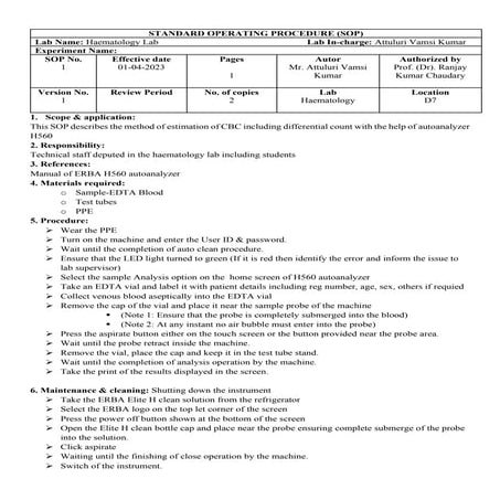 Standard Operating Procedure for CBC Estimation with Autoanalyzer H560 ...