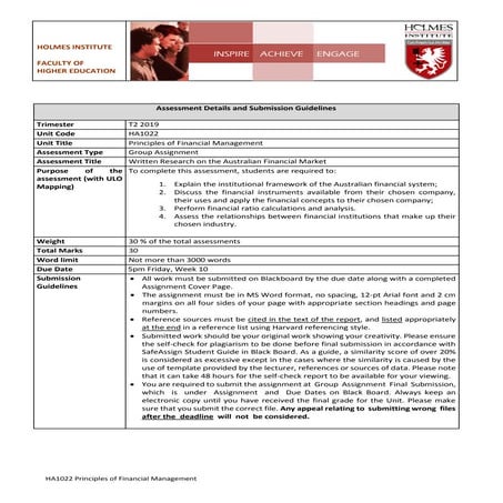 Ha 1022 principles of financial management group assignment t2 2019 | PDF
