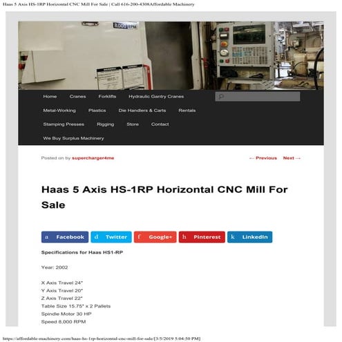 Haas 5 Axis HS-1RP Horizontal CNC Mill For Sale | PDF | Woodworking ...