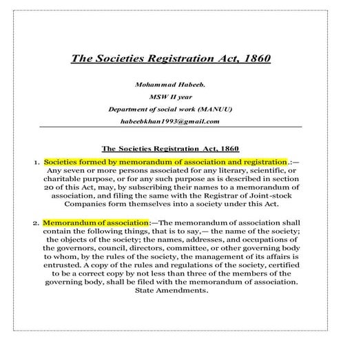 society registration act 1860 | DOCX