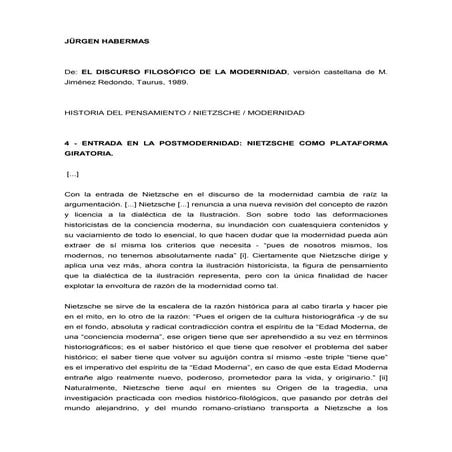 Habermas, j. el discurso filosofico de la modernidad | PDF