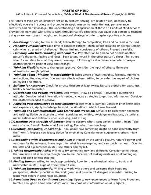 The habits of mind are a collection of 16 thinking dispositions | PDF
