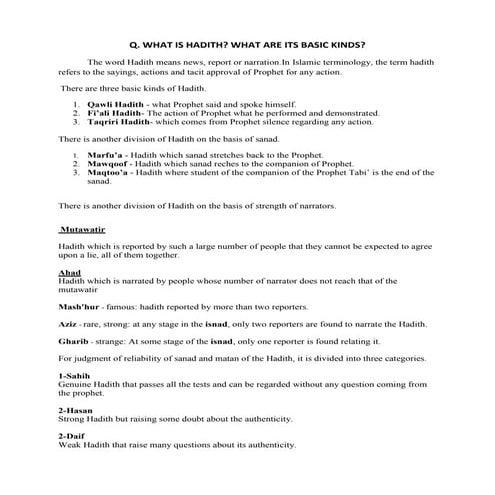 Hadith ranking - Type of Hadith in Islam | PDF