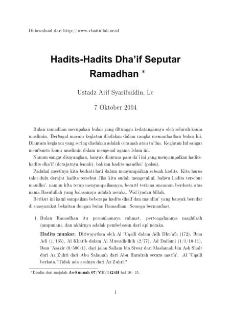 36 hadits hadits palsu dan lemah yang sering disebut di bulan ramadhan | PDF