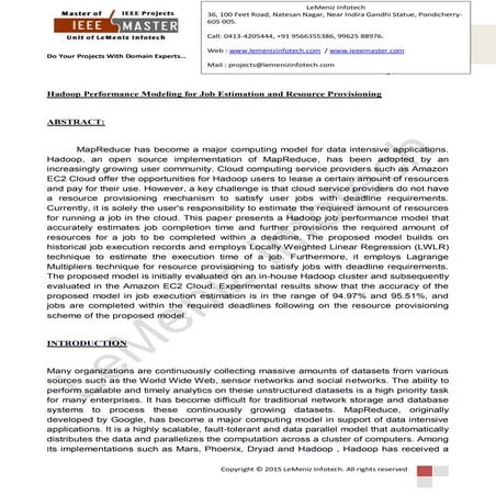 Hadoop Performance Modeling For Job Estimation And Resource Provisioning Pdf Cloud Computing