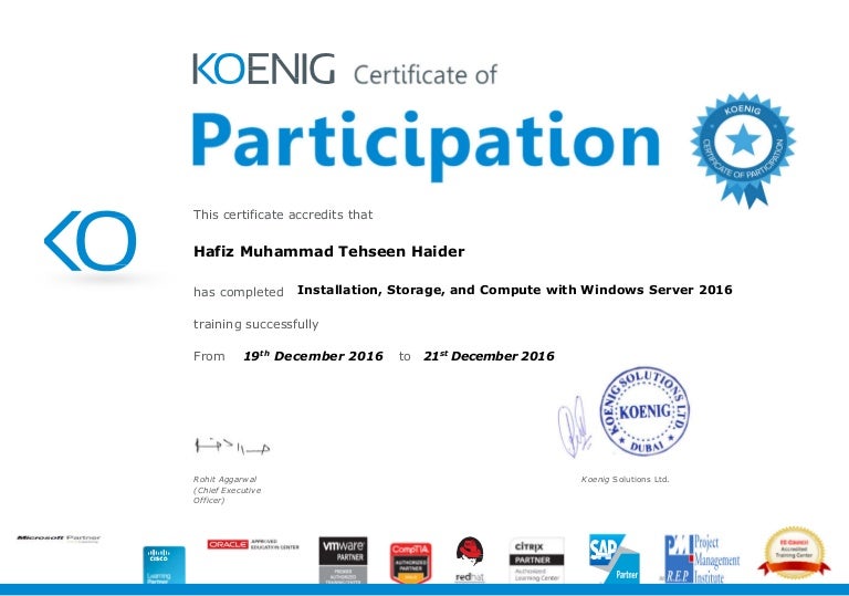 KOENIG Certificate of Participation for "Installation, Storage and Co…