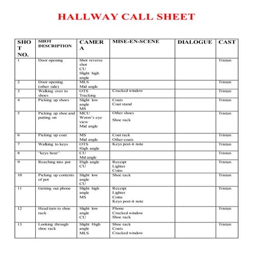 Hallway call sheet | DOCX