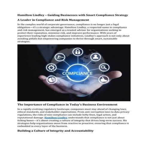 Hamilton Lindley - Guiding Businesses with Smart Compliance Strategy | PDF