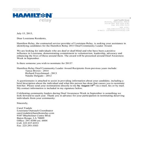 Hamilton relay nomination letter | PDF