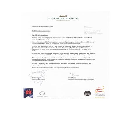 Warren Jones Executive Chef Reference | DOC
