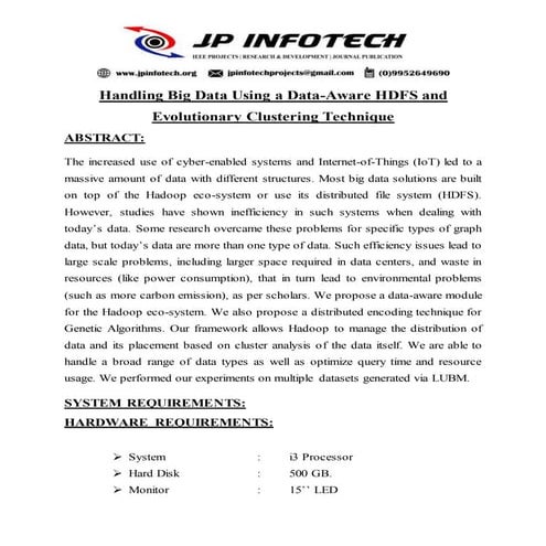 Handling Big Data Using a Data-Aware HDFS and Evolutionary Clustering Technique | PDF