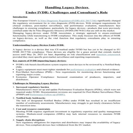 Handling Legacy Devices Under IVDR: Consultant's Role | PDF