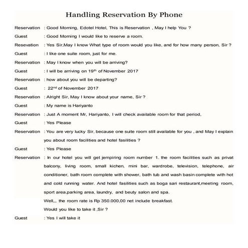 Handling reservation by phone | DOCX